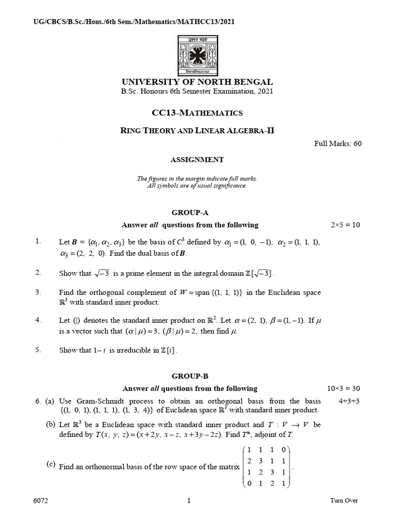 University of North Bengal: Athematics | PDF | Basis (Linear Algebra ...