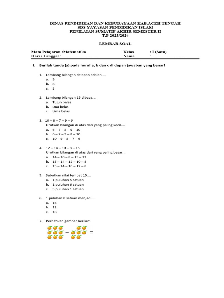 Soal Matematika Kelas 1 Sem 2 | PDF | Olahraga & Rekreasi | Griya & Taman
