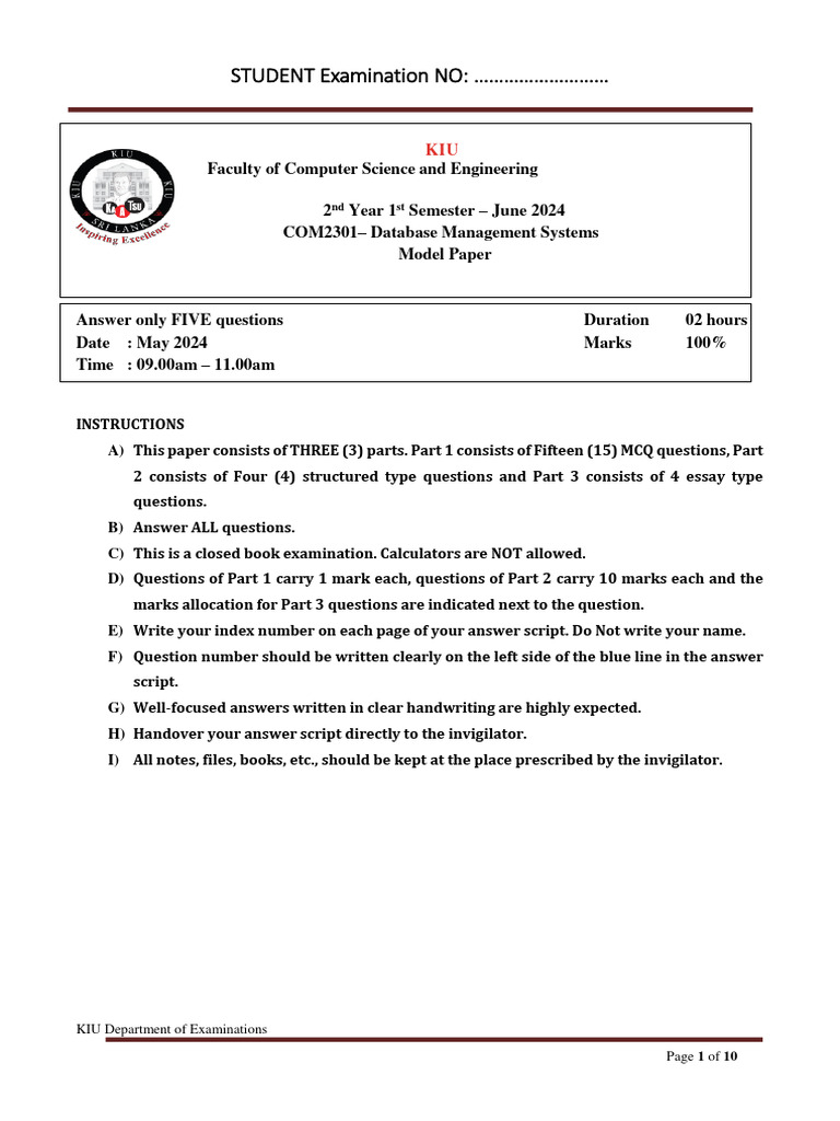 COM2301 - Database Management Systems - Model Paper | PDF | Conceptual ...