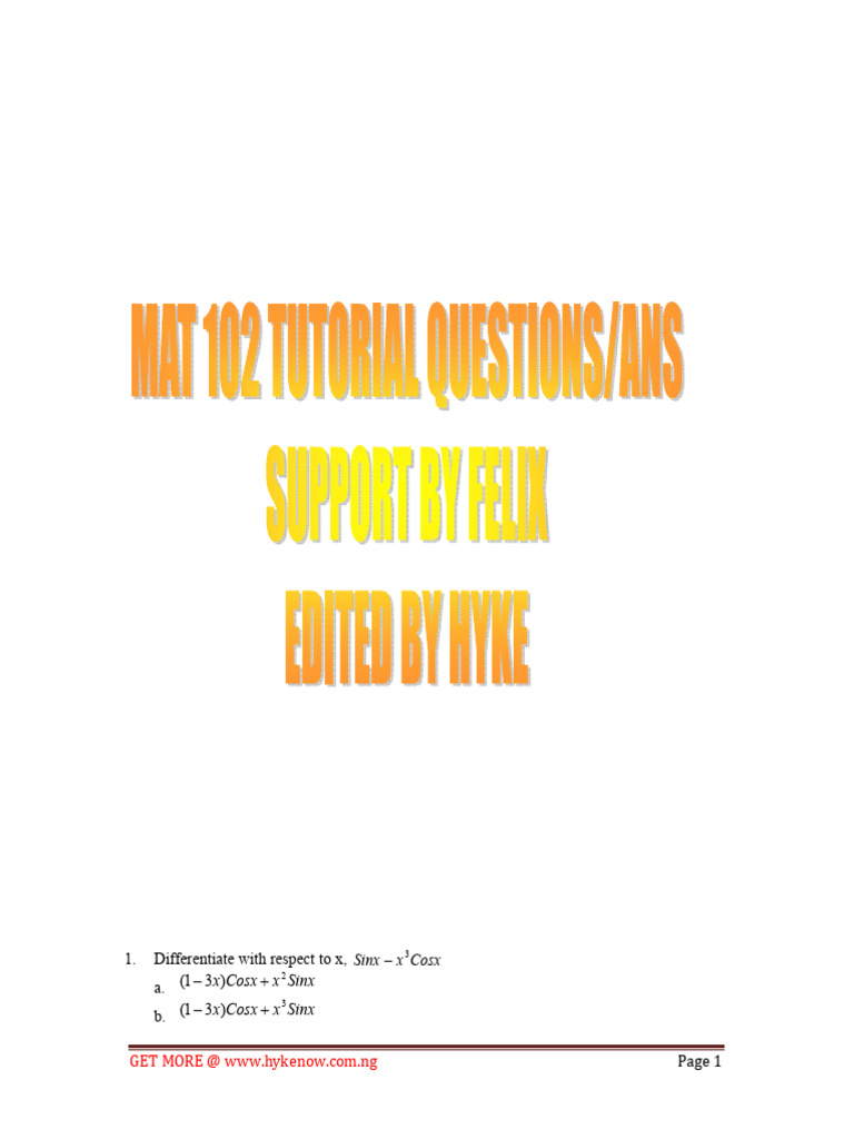 MAT 102 Tutorial questions and answer | PDF | Analytic Geometry ...