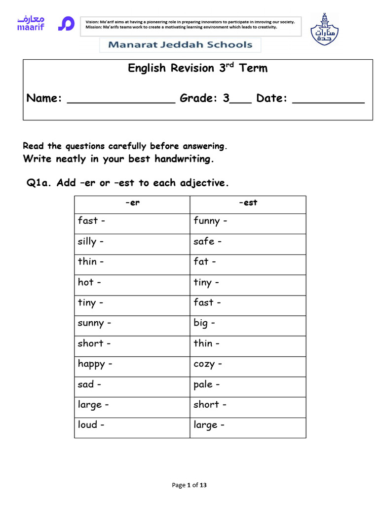 Gr.3 Eng Revision - 3rd Term | PDF | Linguistics