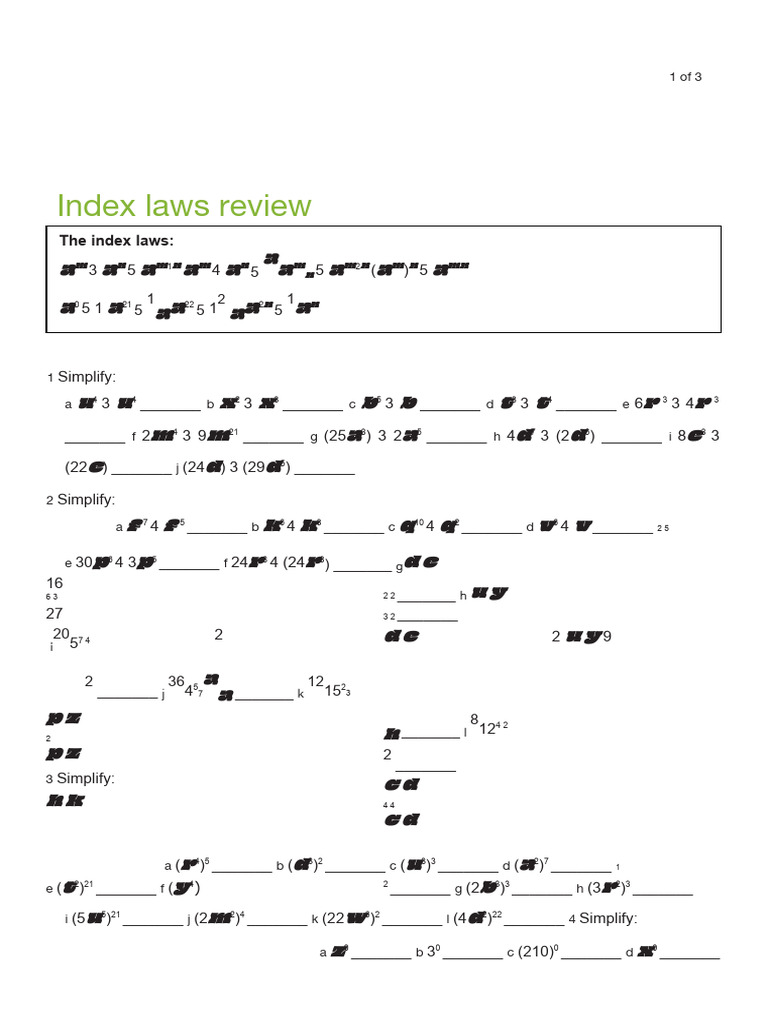 Index Laws Worksheet for Simplification | PDF