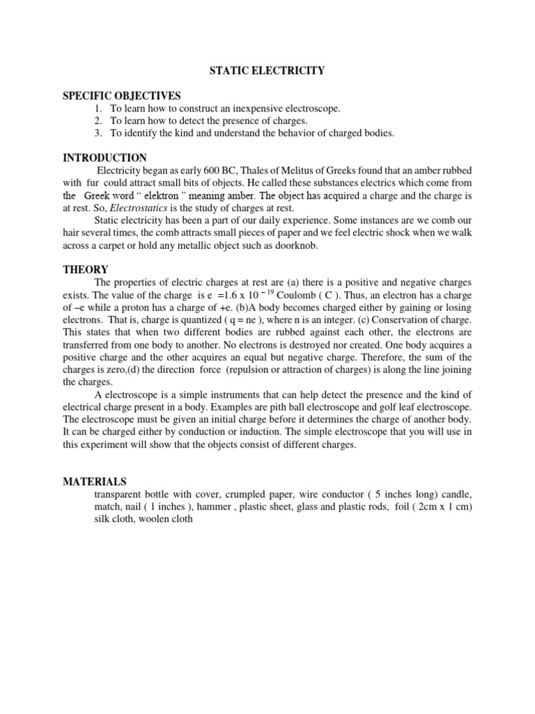 Static Electricity Pdf Electric Charge Electricity