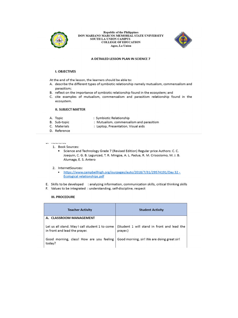 Lesson Plan in Science 7: Ecological Relationship | PDF | Symbiosis ...