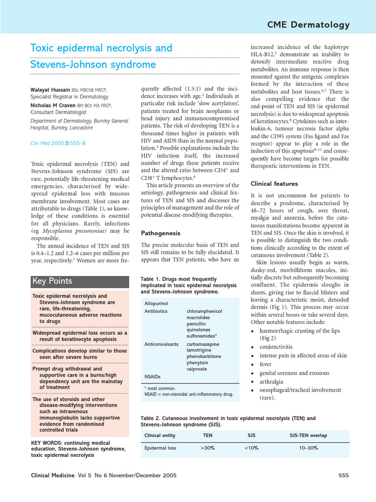 Toxic Epidermal Necrolysis and Stevens-Johnson Syndrome: CME Dermatology | Download Free PDF ...
