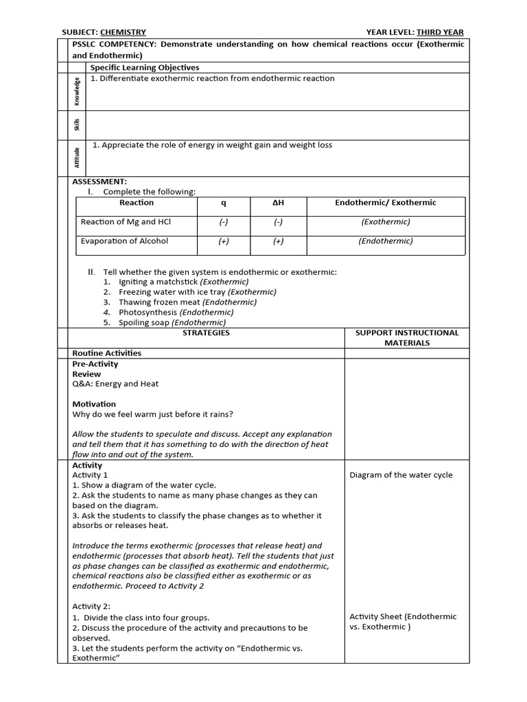 LESSON PLAN IN SCIENCE 8: Exothermic vs. Endothermic | Download Free ...