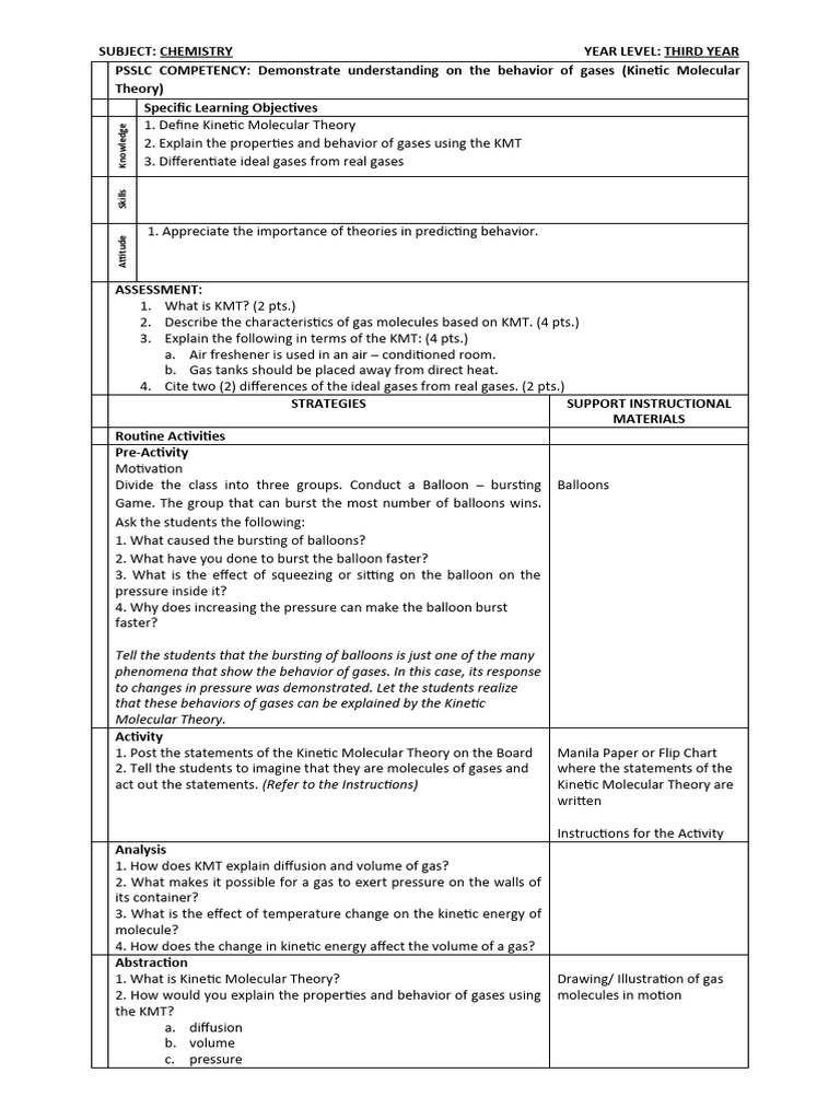 LESSON PLAN IN SCIENCE 10: Kinetic Molecular Theory | PDF | Gases ...