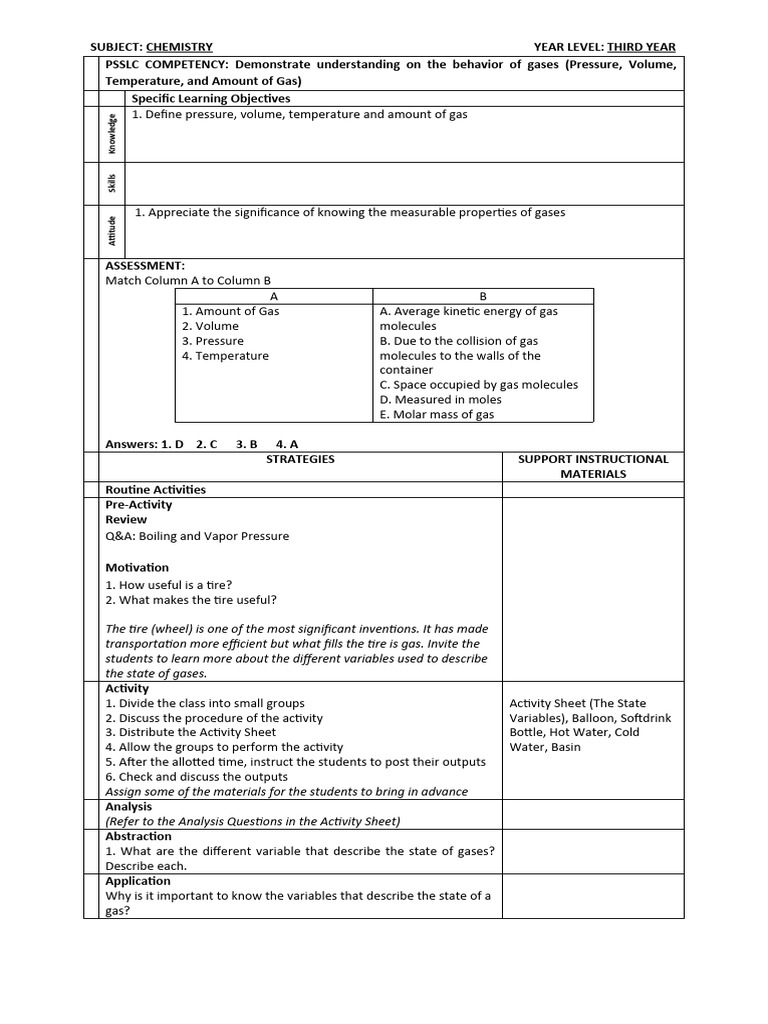 LESSON PLAN IN SCIENCE 10 : Pressure, Volume, Temperature, and Amount ...