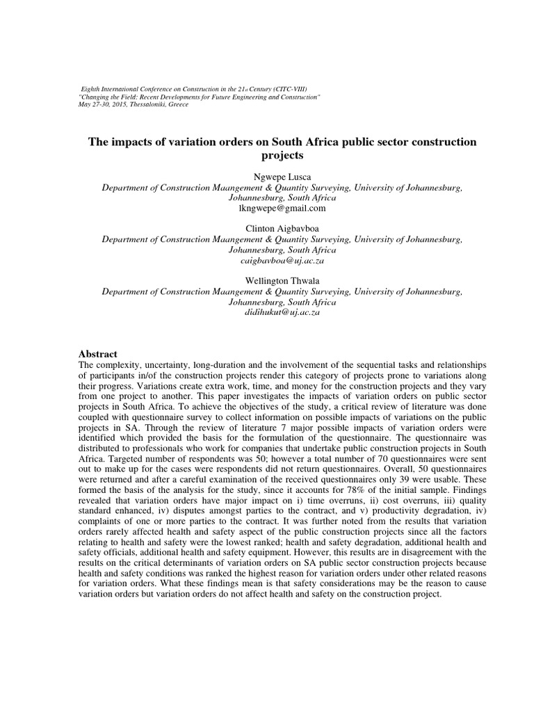 The Impacts of Variation Orders On South Africa Public Sector ...