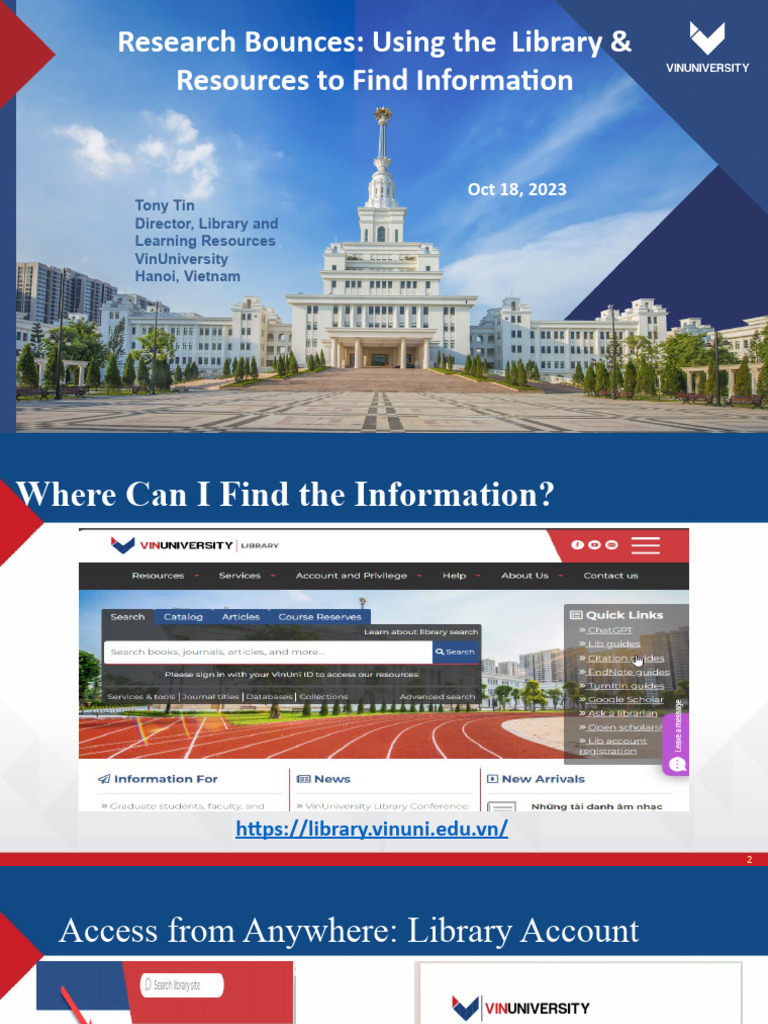 VinUni Library: Access & Research Guide | PDF | Libraries | Books