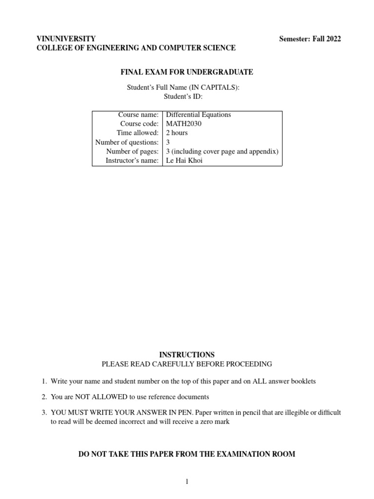 DiffEq-Final-Exam | PDF | Equations | Applied Mathematics
