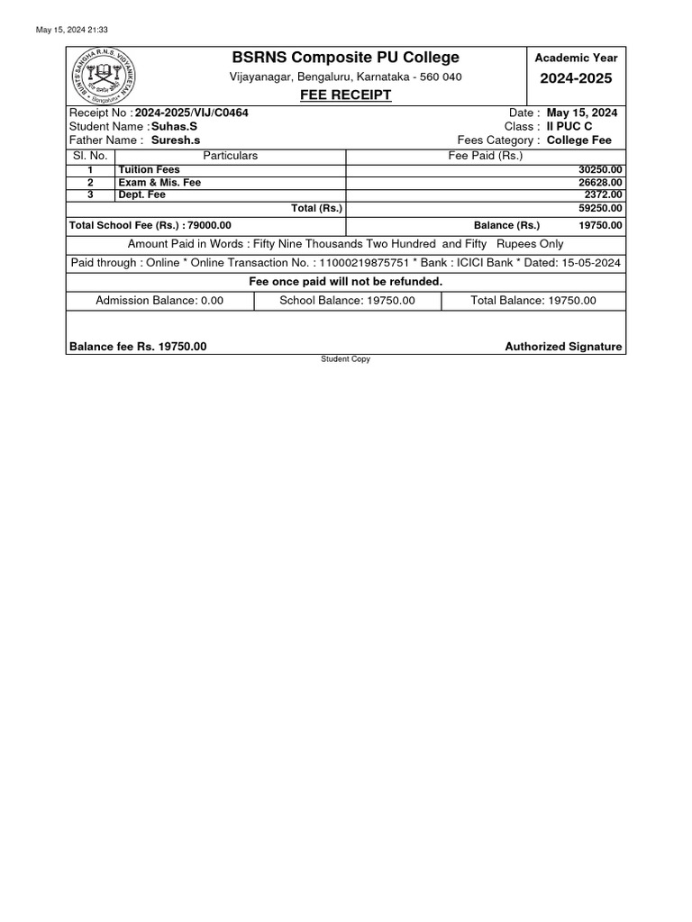 BSRNS Composite PU College: Fee Receipt | PDF