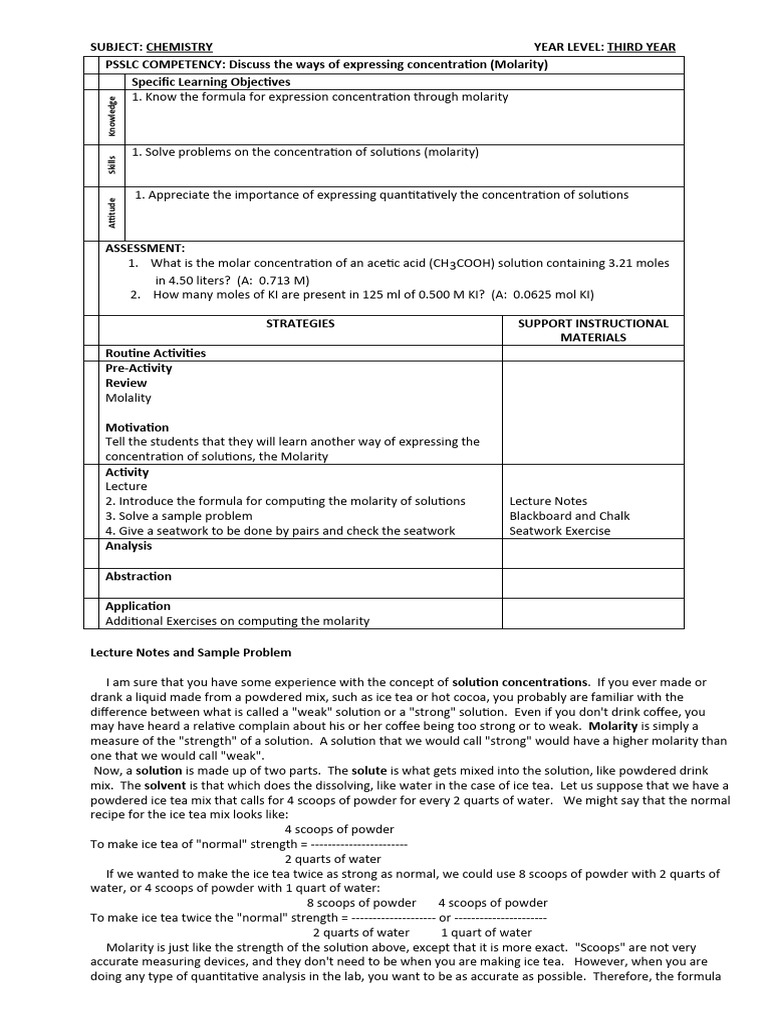 LESSON PLAN IN SCIENCE 9: Molarity | PDF | Molar Concentration | Mole ...