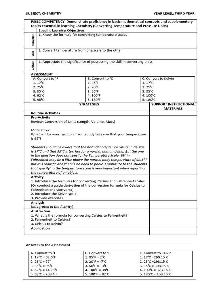 LESSON PLAN IN SCIENCE 10: Conversion of Units Problem Solving | Download Free PDF | Fahrenheit ...