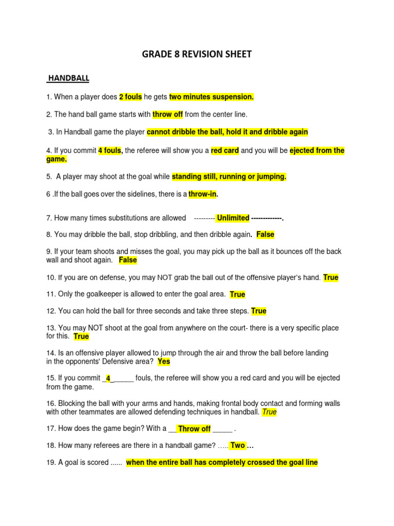 Grade 8 Revision Sheet 2023 2024 | PDF | Flexibility (Anatomy) | Sports