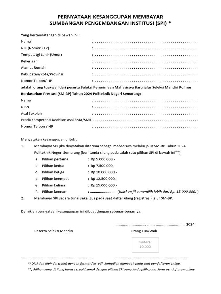 Form Pernyataan Spi SMBP 2024 | PDF