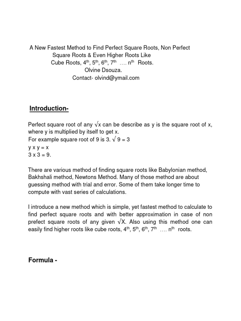 Fast Method for Finding Square Roots | PDF | Square Root | Decimal