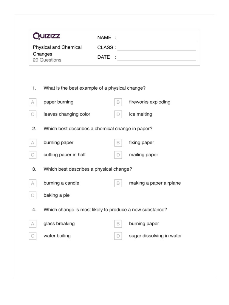 Physical vs Chemical Changes Quiz | PDF | Water | Chemical Substances