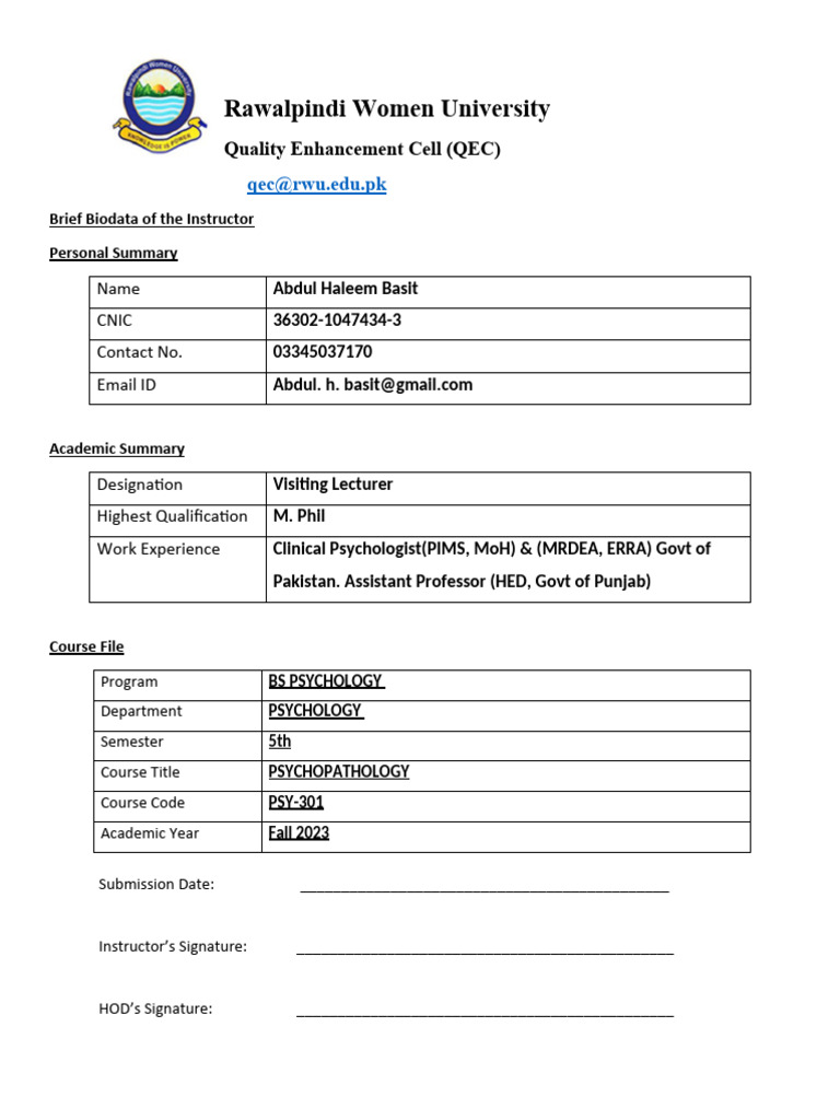 Course Specification Performa_edited | PDF | Mental Disorder ...