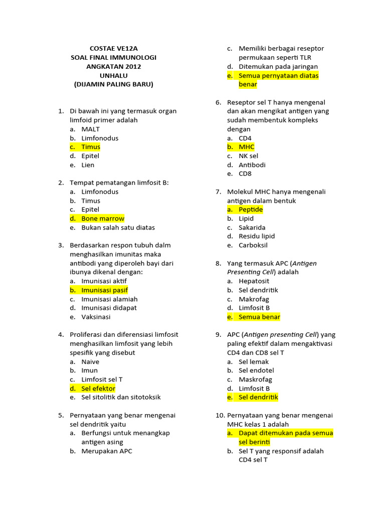 Soal Final Imunologi 2012 UNHALU | PDF