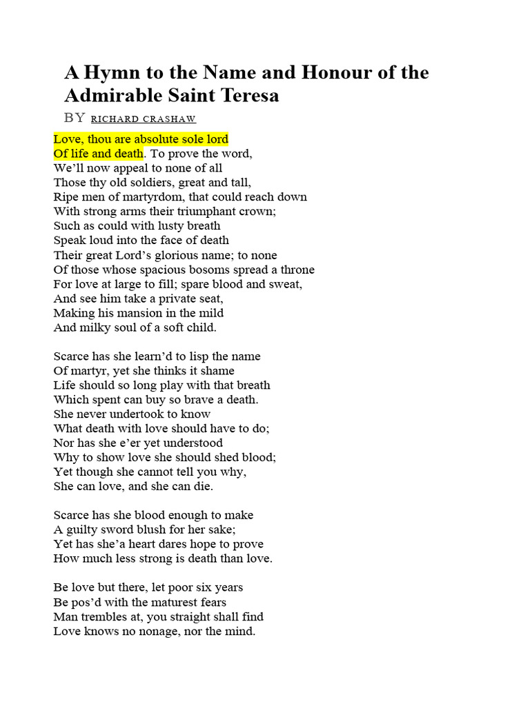 A Hymn To The Name and Honour of The Admirable Saint Teresa | PDF | Poetry