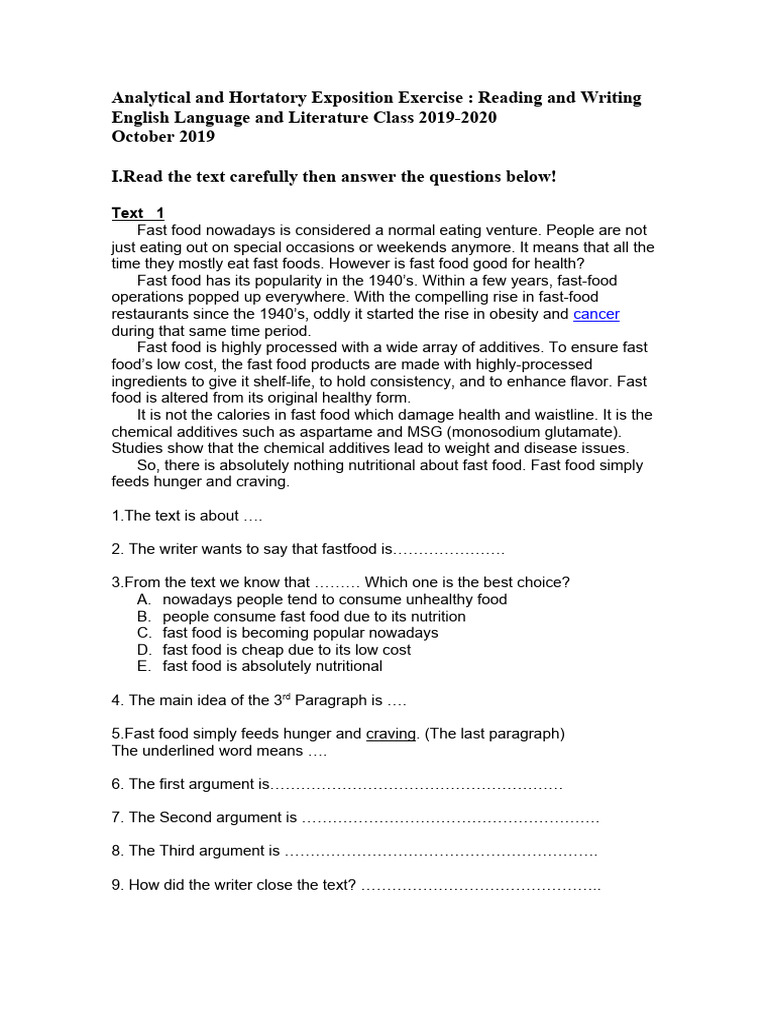 Analytical Exposition Exerc 2 | PDF | Fast Food | Learning