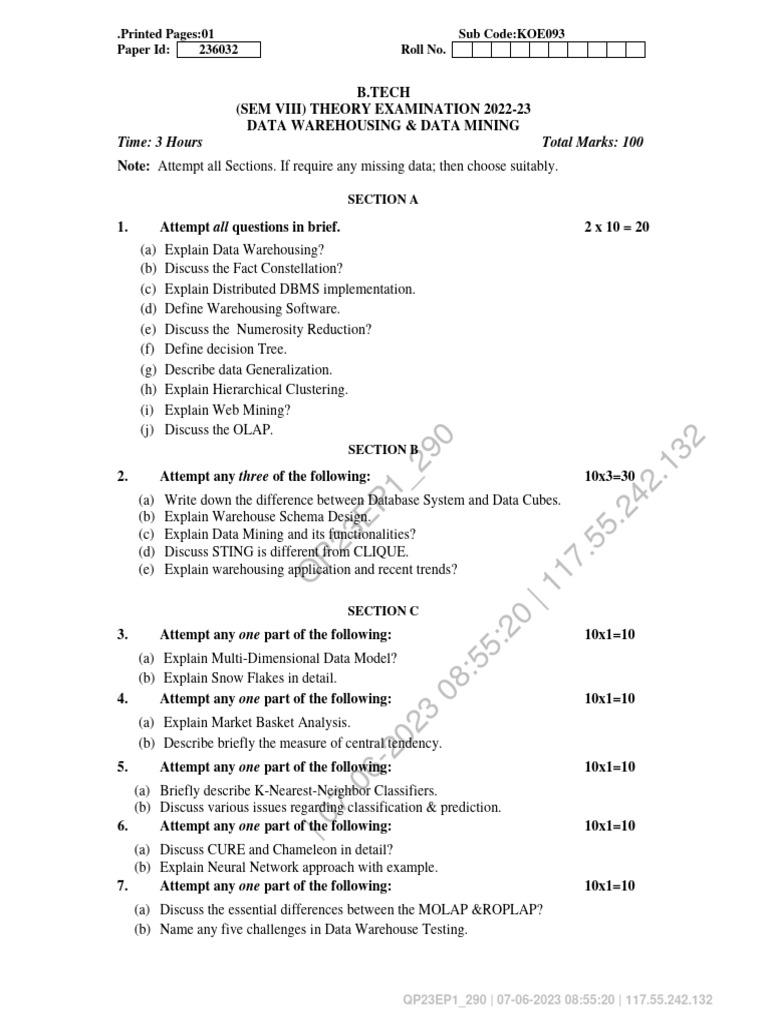 KOE 093 Data Warehousing Exam Paper | PDF | Data Warehouse | Computer Data