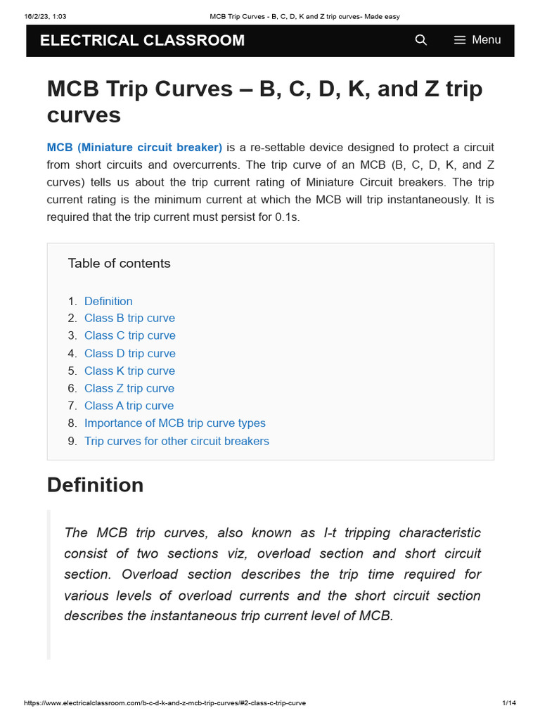 MCB Trip Curves - B, C, D, K and Z Trip Curves - Made Easy | PDF | Electrical Engineering ...