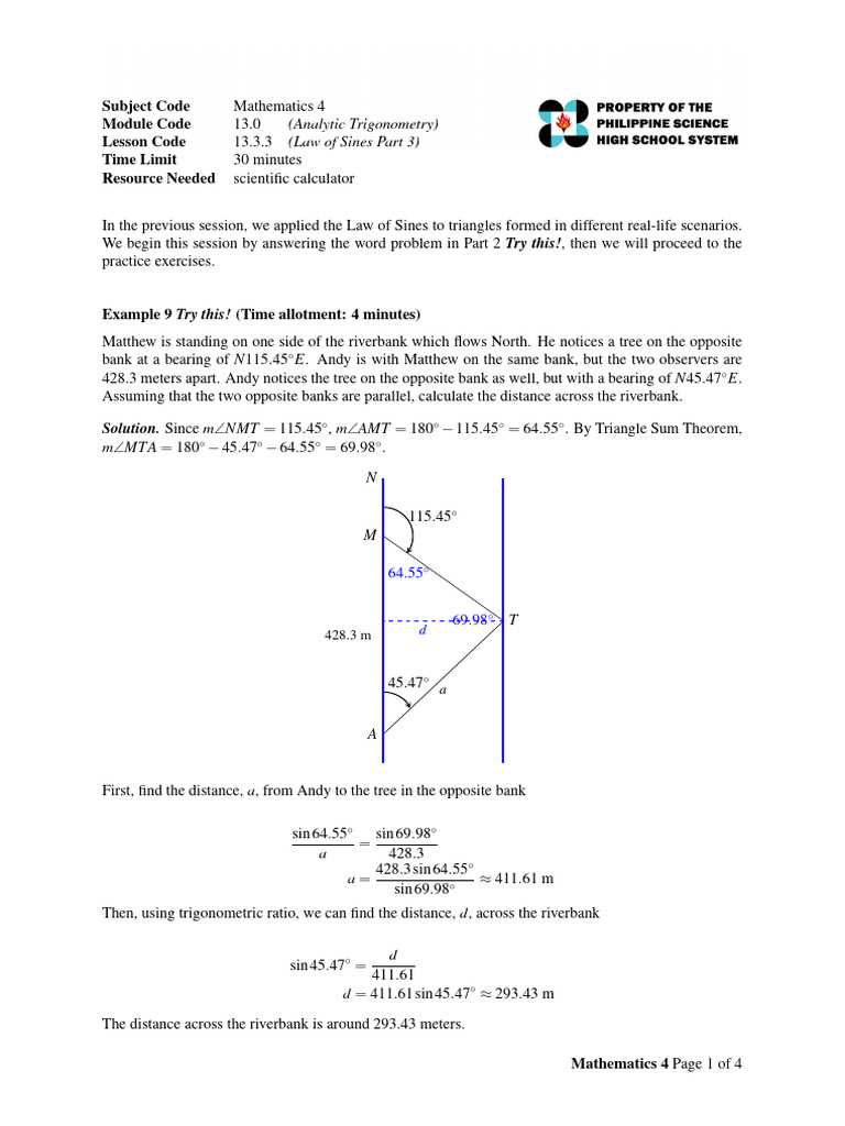 Law of Sines: Word Problems & Solutions | PDF | Trigonometric Functions ...
