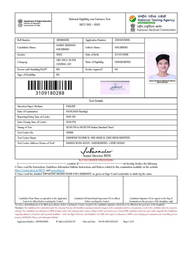 NEET UG 2024 Admit Card Details | PDF | Identity Document