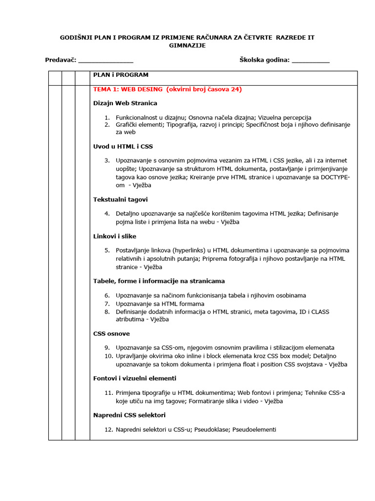 Godišnji Plan I Program - Primjena Računara - 4 Razred IT - Radna ...