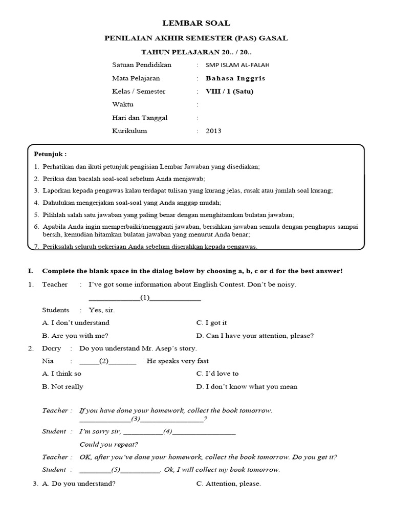 Soal PAS B.Ing Kelas 8 | PDF | Food Industry