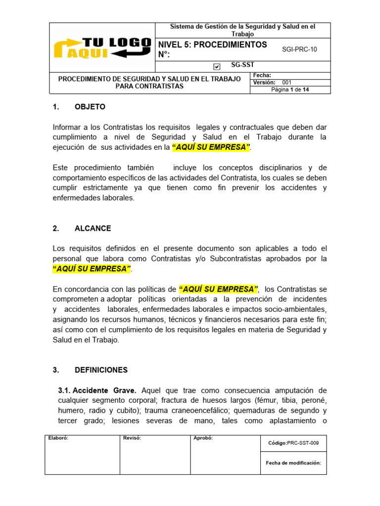 Procedimiento SST para Contratistas | PDF