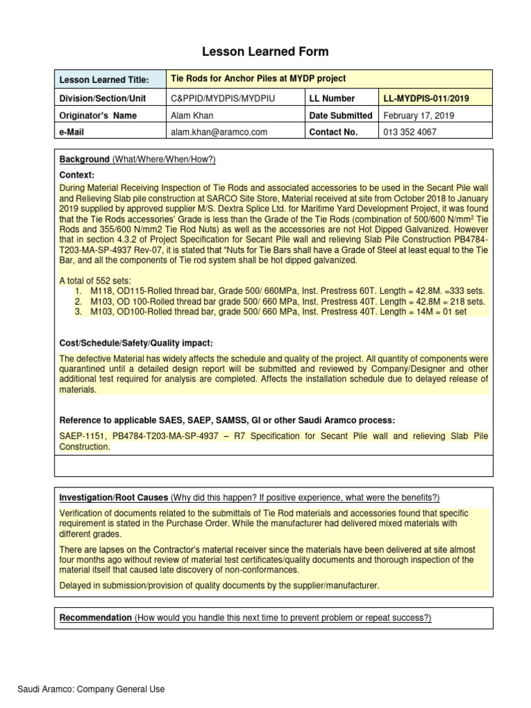 LL MYDPIS 011 Tie Rods For Anchor Piles at MYDP Project | PDF