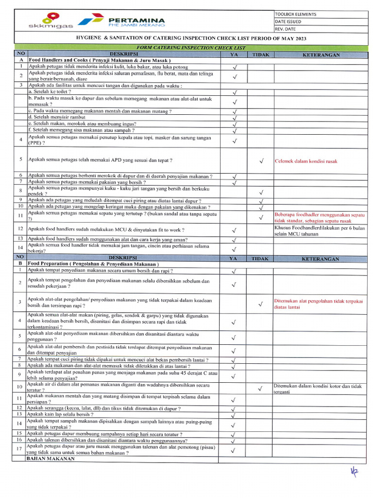 2.1. Checklis Inspeksi H - S Kantin 11 Mei 2023 | PDF