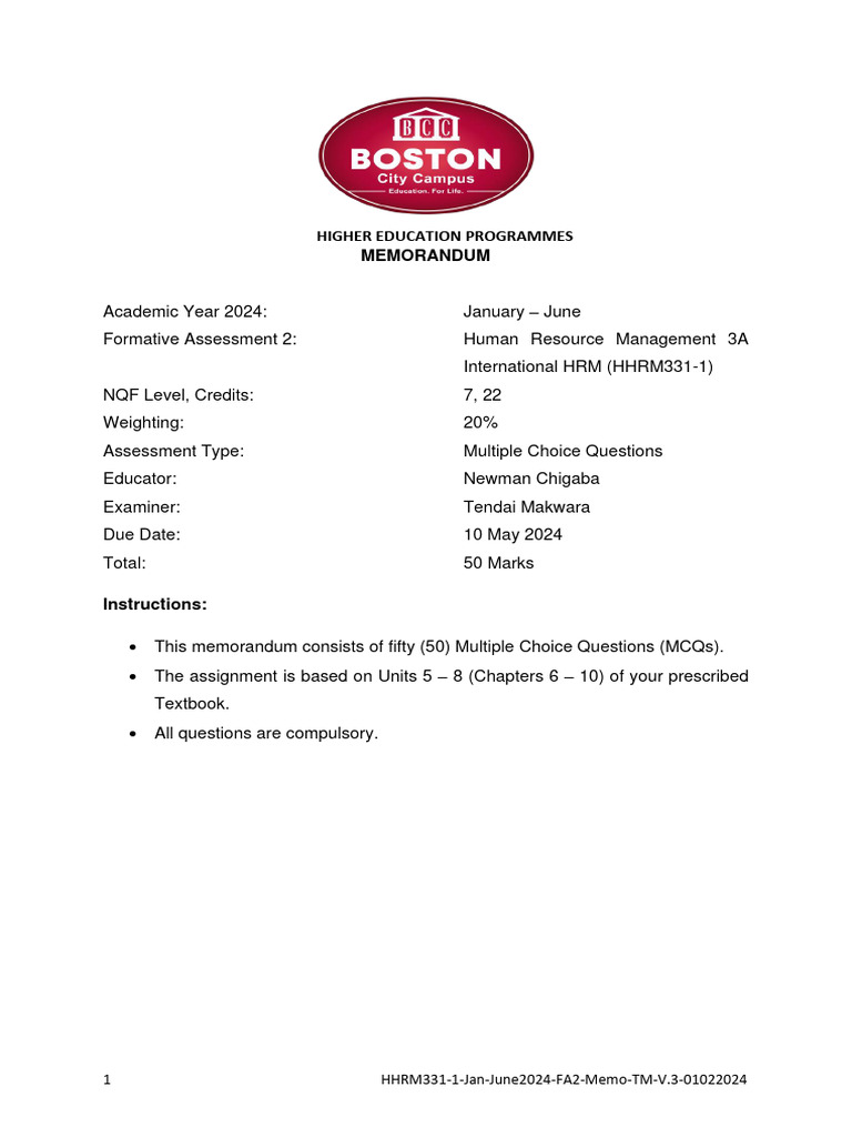 HRM Formative Assessment 2 Memo | PDF | Recruitment | Validity (Statistics)
