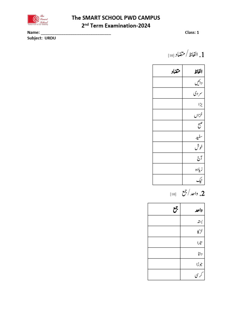 Class 1 Urdu Paper | PDF