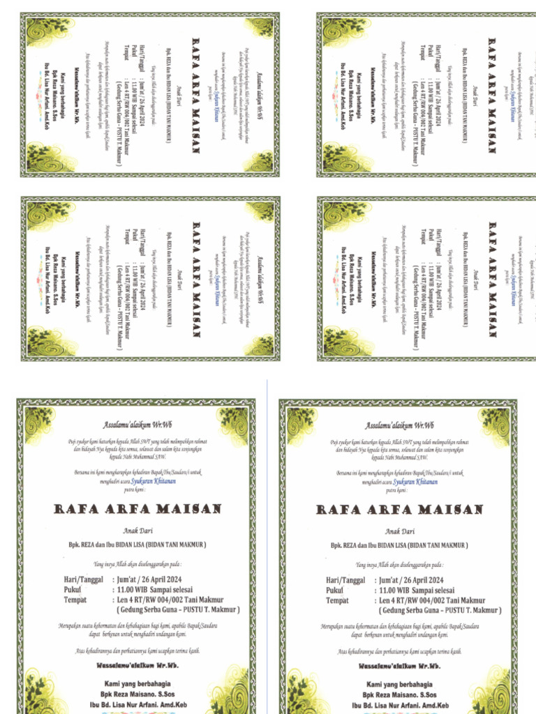 Undangan Sunat Rafa Tonjokan | PDF