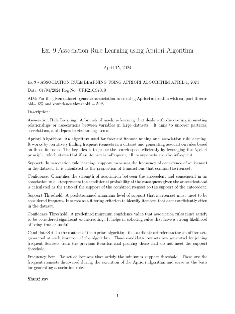 Ex 9 Association Rule Learning Using Apriori Algorithm Pdf Applied Mathematics Algorithms 9377
