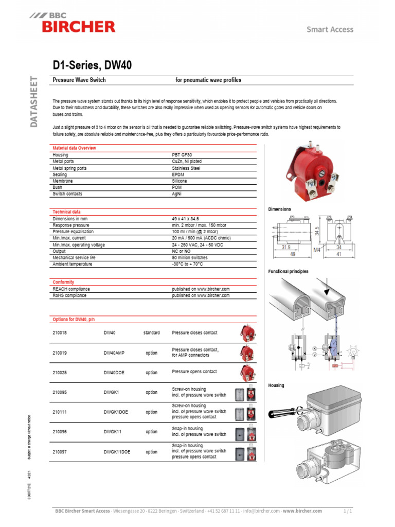 DW40 Pressure Wave Switch Overview | PDF | Switch | Electricity