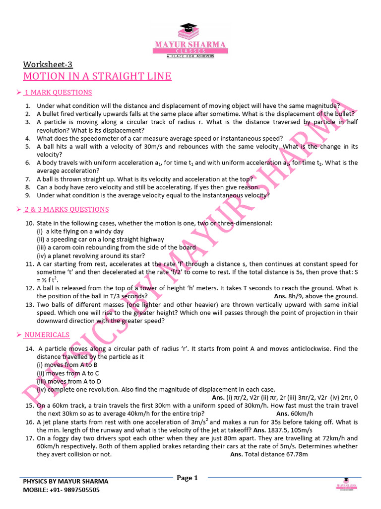 Worksheet-3 Motion in Straight Line | PDF | Acceleration | Mechanical Engineering