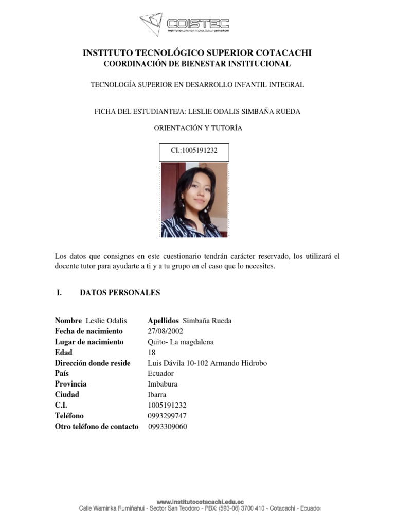 Ficha Estudiantil Leslie Simbaña Rueda | PDF | Relaciones personales ...