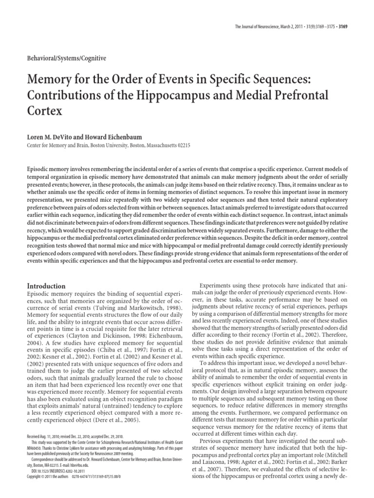 DeVito Eichenbaum - J Neurosci 2011 - Sequence HPC MPFC | PDF | Hippocampus | Memory