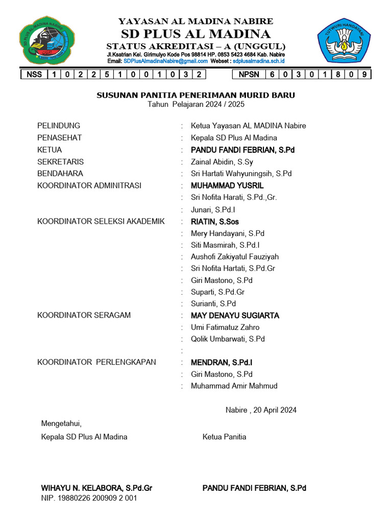 Susunan Panitia PPDB 2024 | PDF