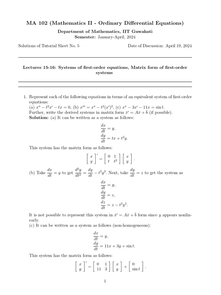 ODE Tutorial 05 Solutions | PDF | Ordinary Differential Equation | Equations