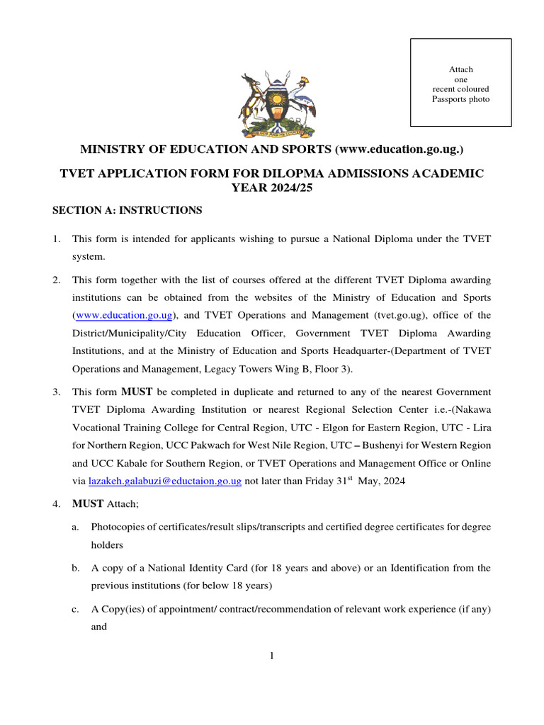 Official Tvet Admission Application Form 2024 25 | PDF | Vocational Education | Diploma