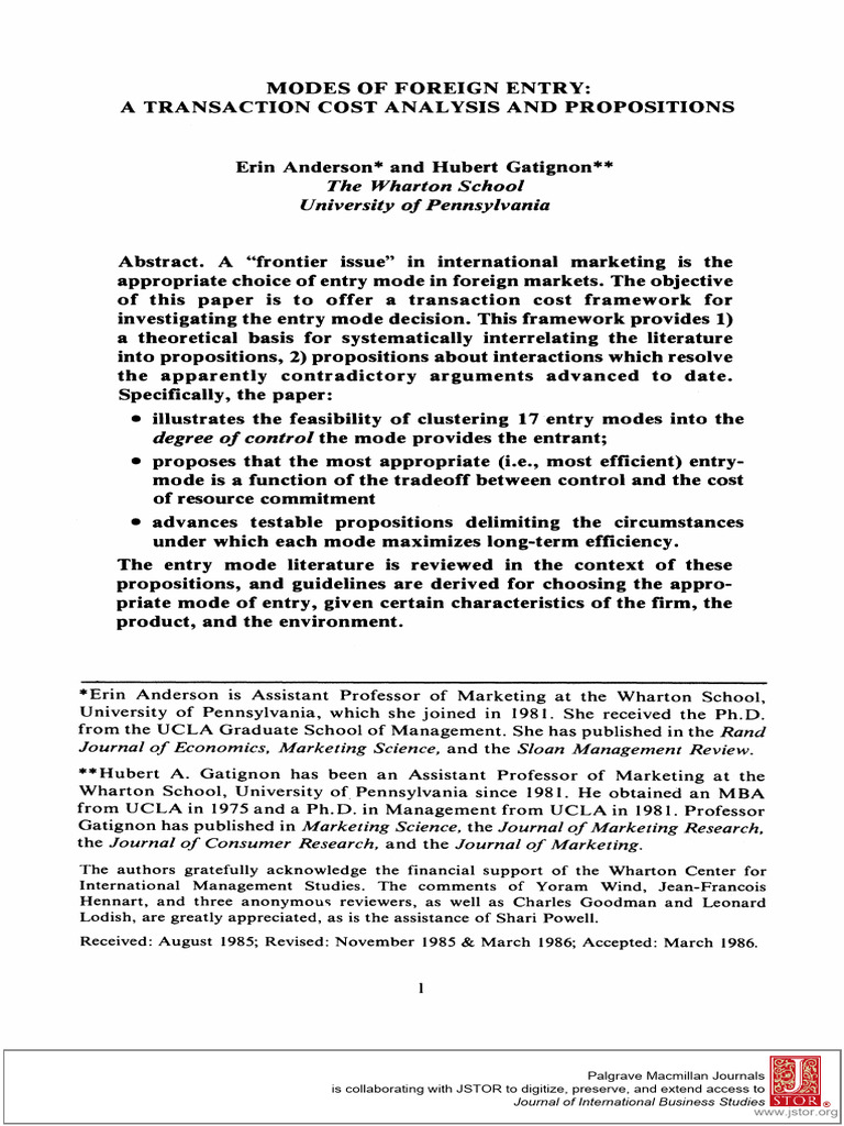 MODES OF FOREIGN ENTRY - Erin Anderson & Hubert Gatignon | PDF | Risk ...