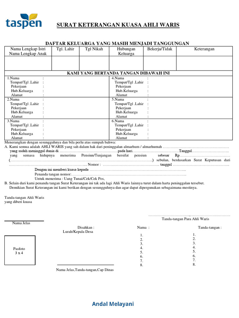 Surat Keterangan Kuasa Ahli Waris | PDF