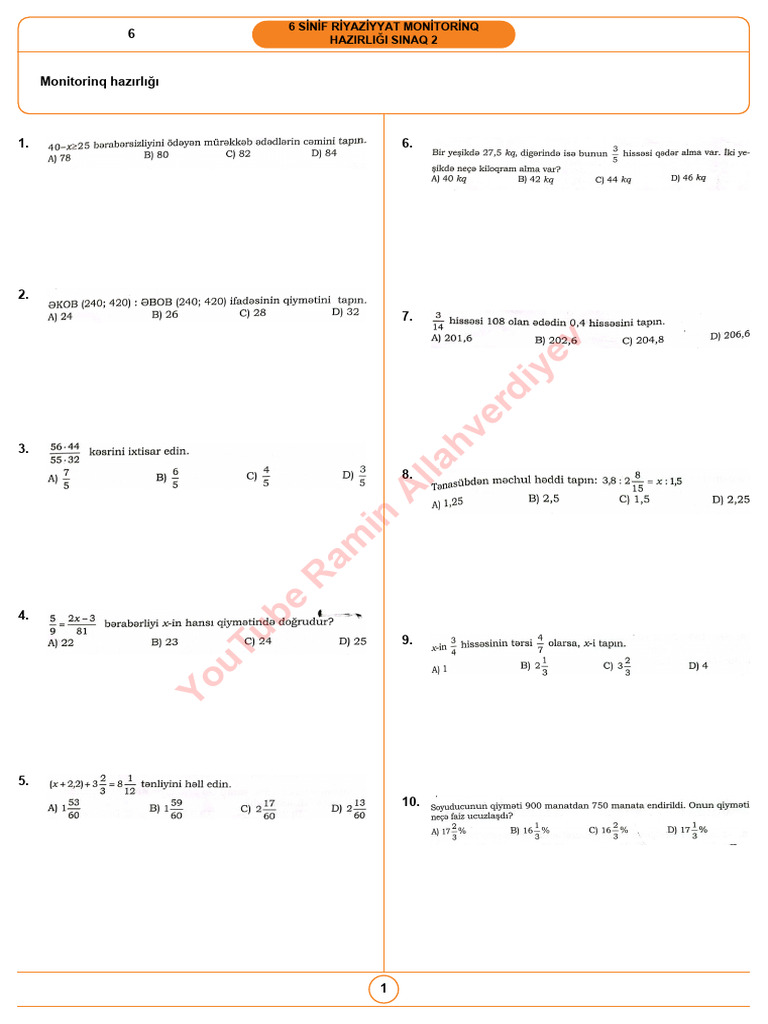 6 Sinif Riyaziyyat Monitorinq Sınaq 2 | PDF