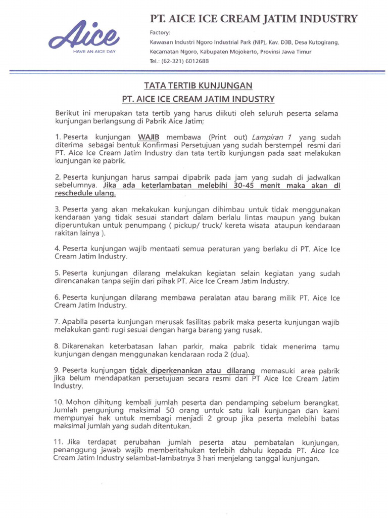 Tata Tertib Kunjungan PT Aice Ice Cream Jatim Industry | PDF